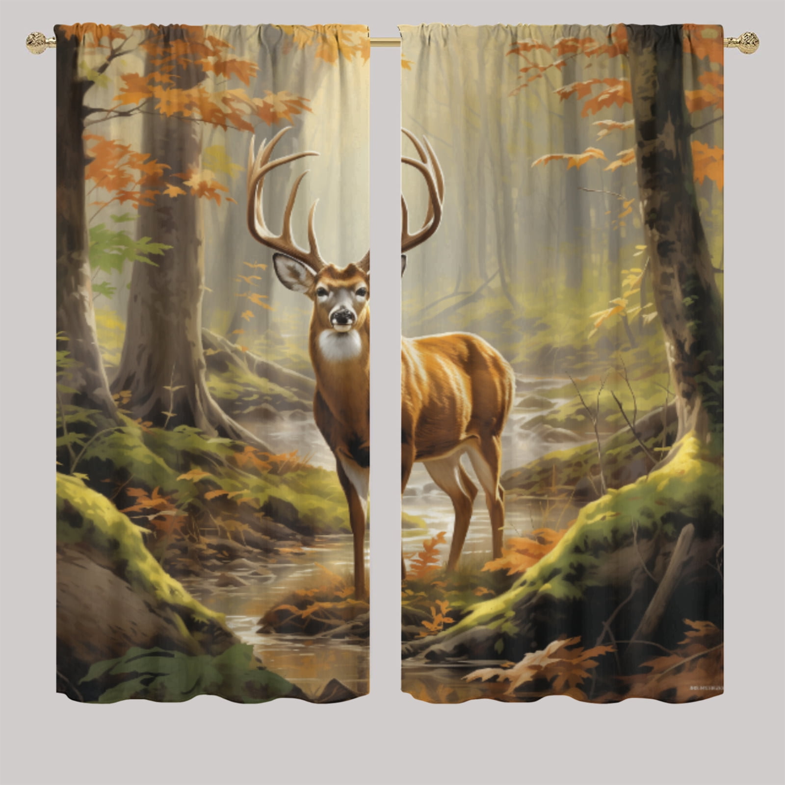 Deer Rod Pocket Blackout Curtains Autumn Forest Wildlife Deer Stream River Thermal Insulating ...