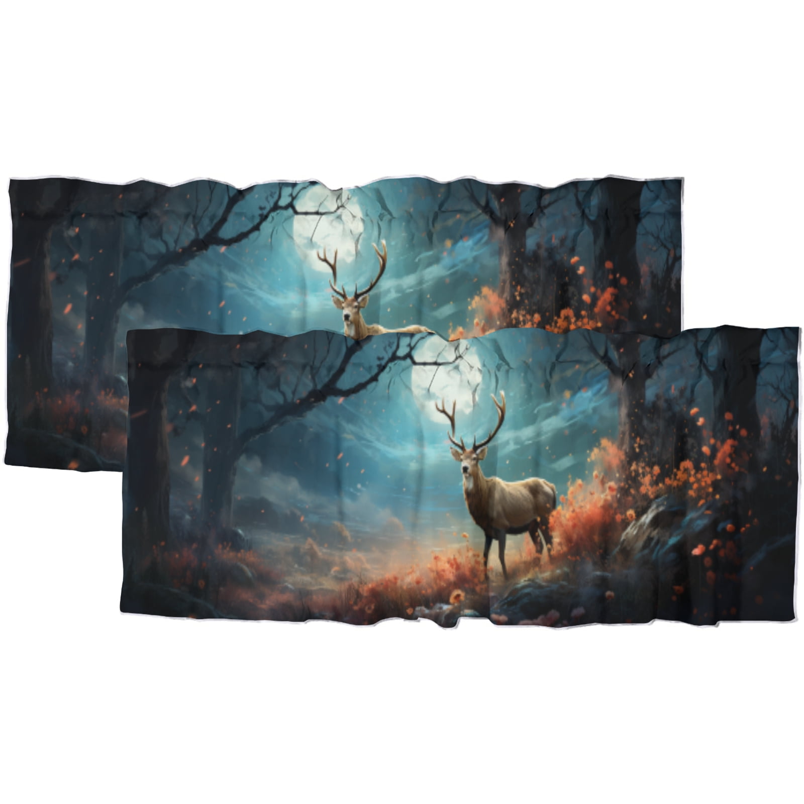 Deer Rod Pocket Thermal Insulated Curtain Valance Foggy Forest Flowers ...