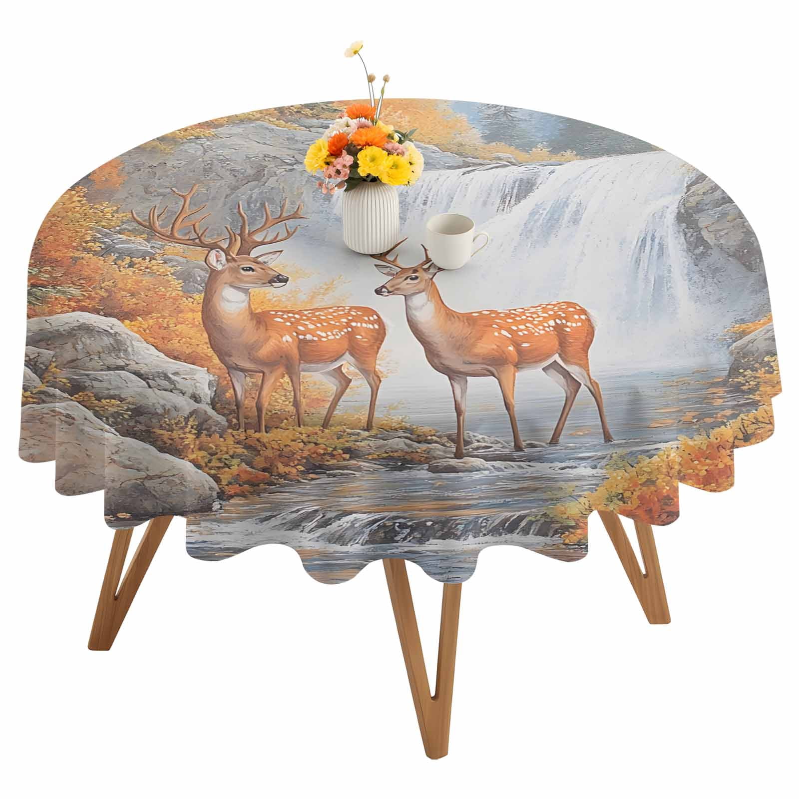 Deer Round Tablecloth 60 inches Forest Wildlife Rustic Waterproof Oil ...