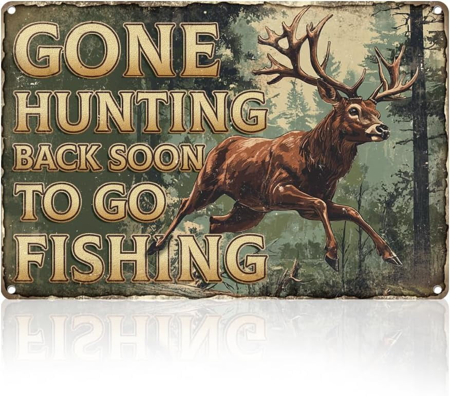 Deer Running in Forest Wall Decor Beer Sign Gone Hunting Back Soon To ...
