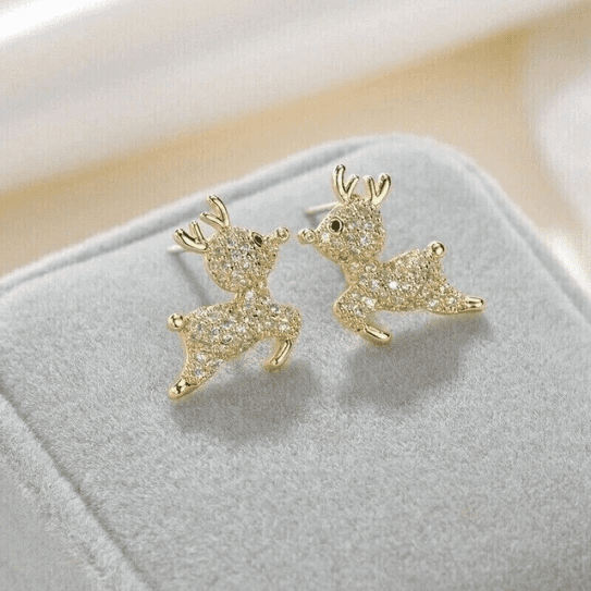 Deer Shape Crystal Stud Earrings for Women Gold Tone Cute Animal Design ...