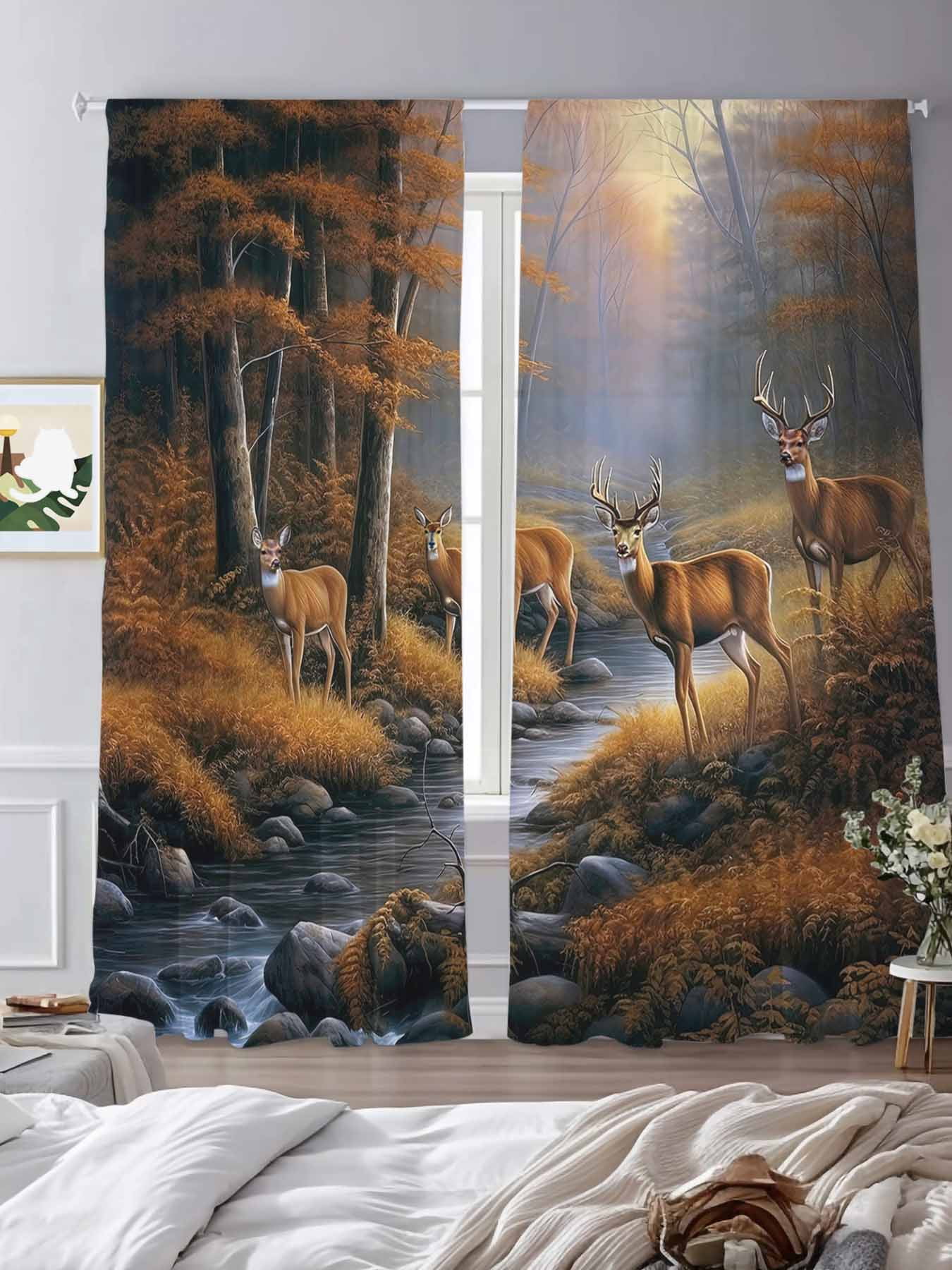 Deer in Sheer Curtains 108 inches Long 2 Panels Set the Forest Brown ...