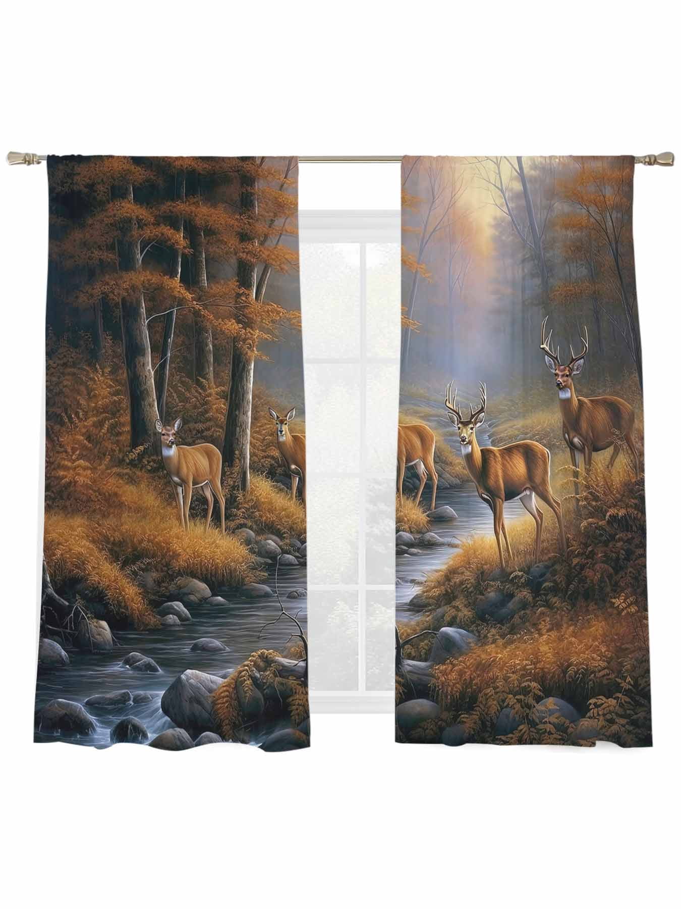 Deer in Sheer Curtains 2 Panels Set the Forest Brown Trees with Creek ...