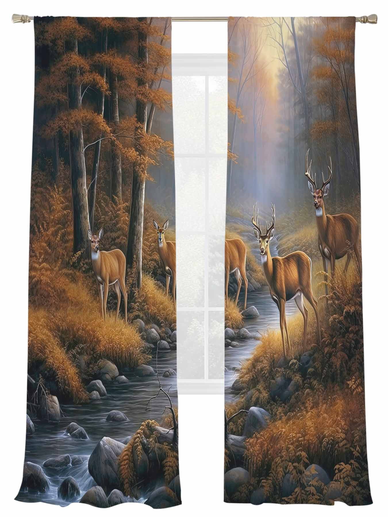 Deer in Sheer Curtains 2 Panels Set the Forest Brown Trees with Creek ...