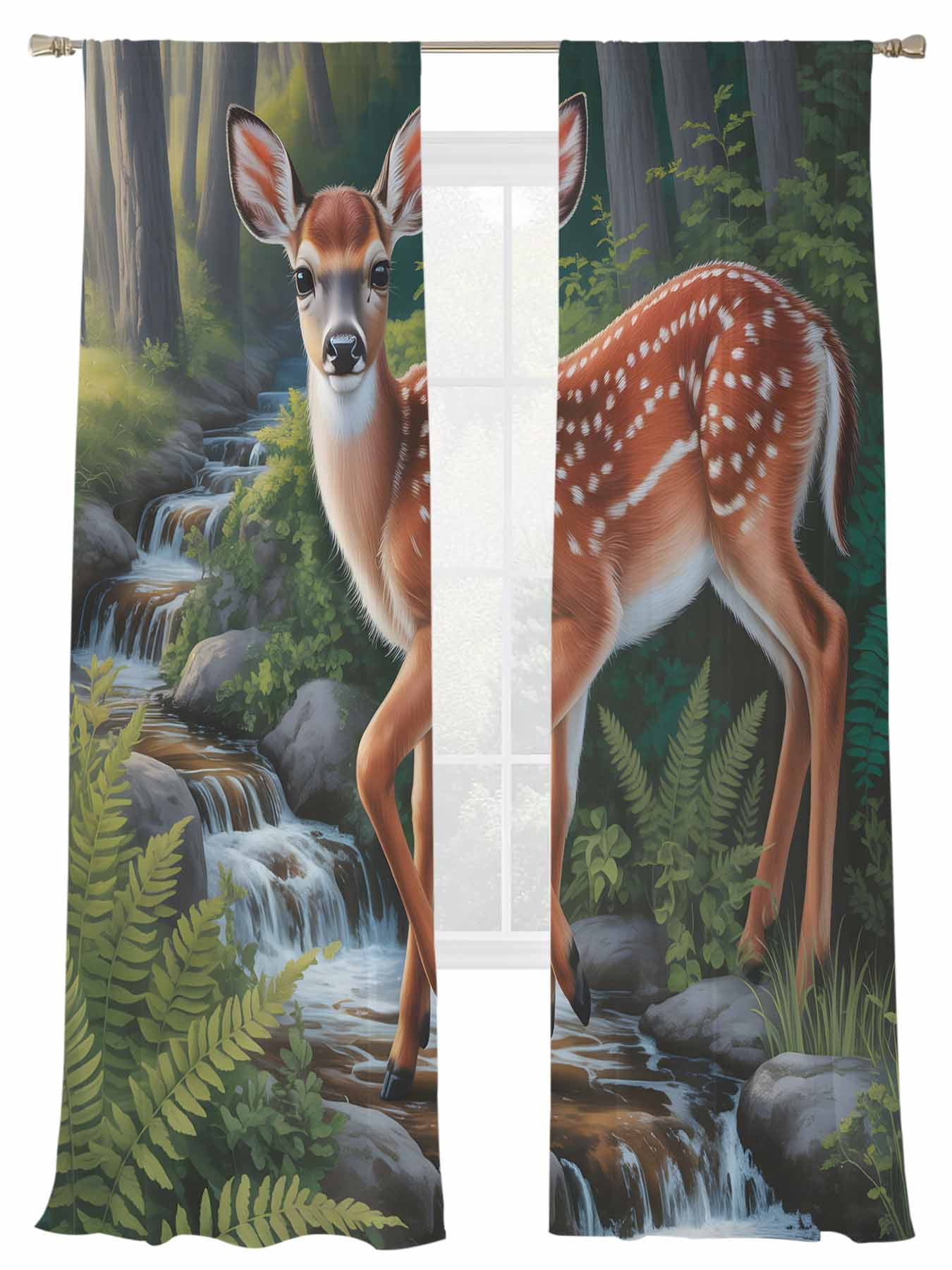 Deer Sheer Curtains 2 Panels Set Forest Leaves River Vintage Nature ...