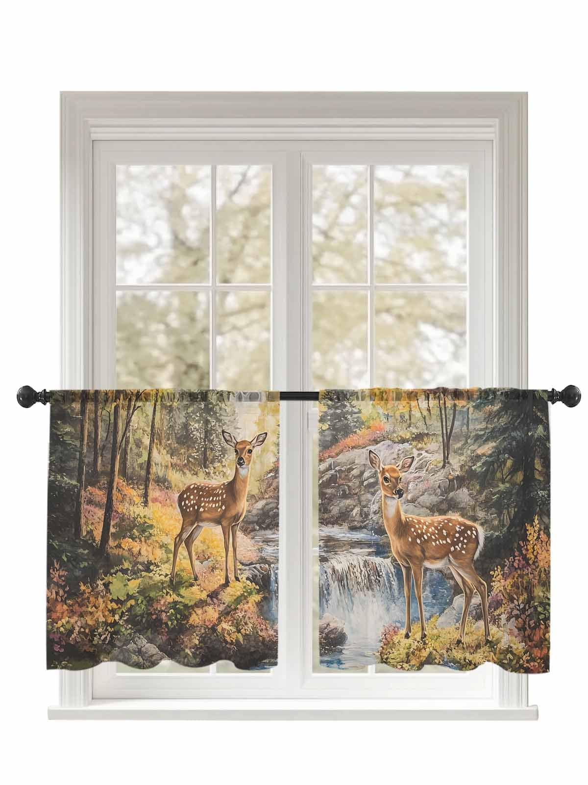 Deer Sheer Curtains 2 Panels Set Forest River Landscape Lihgt Filtering ...
