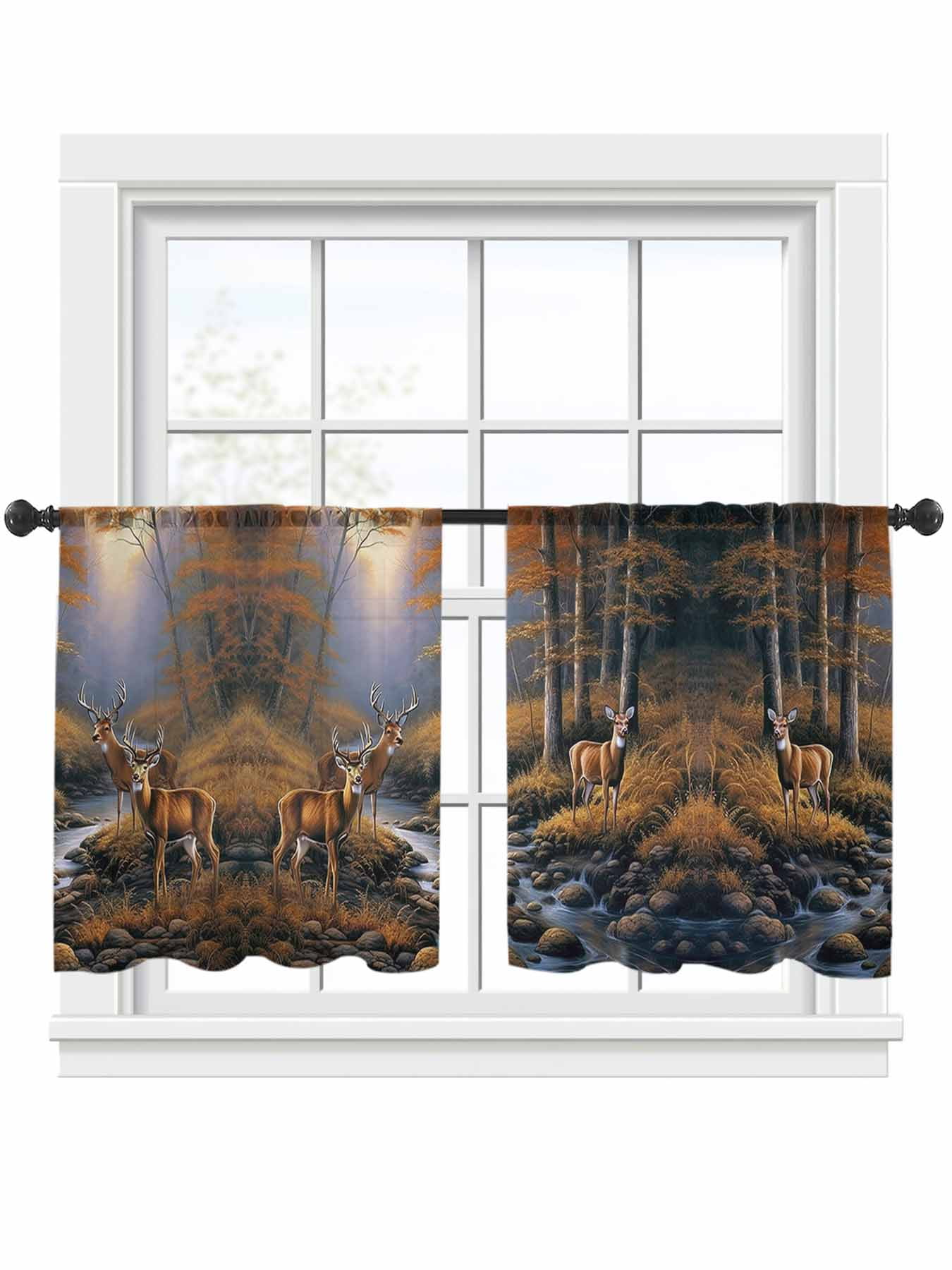 Deer in Sheer Curtains 2 Panels Set Sunset Forest with Stream and Trees ...