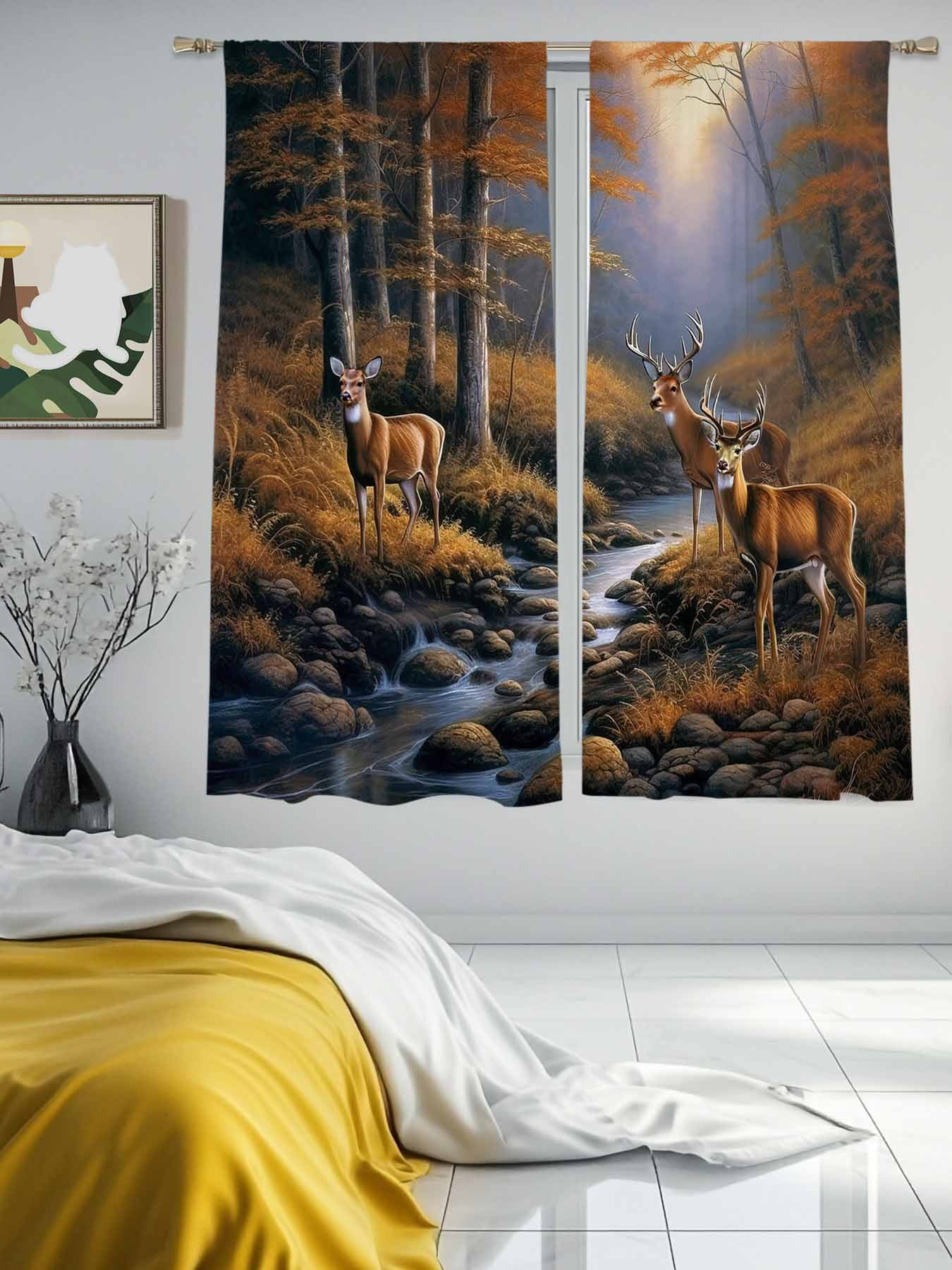 Deer in Sheer Curtains 63 inches Long 2 Panels Set Sunset Forest with ...