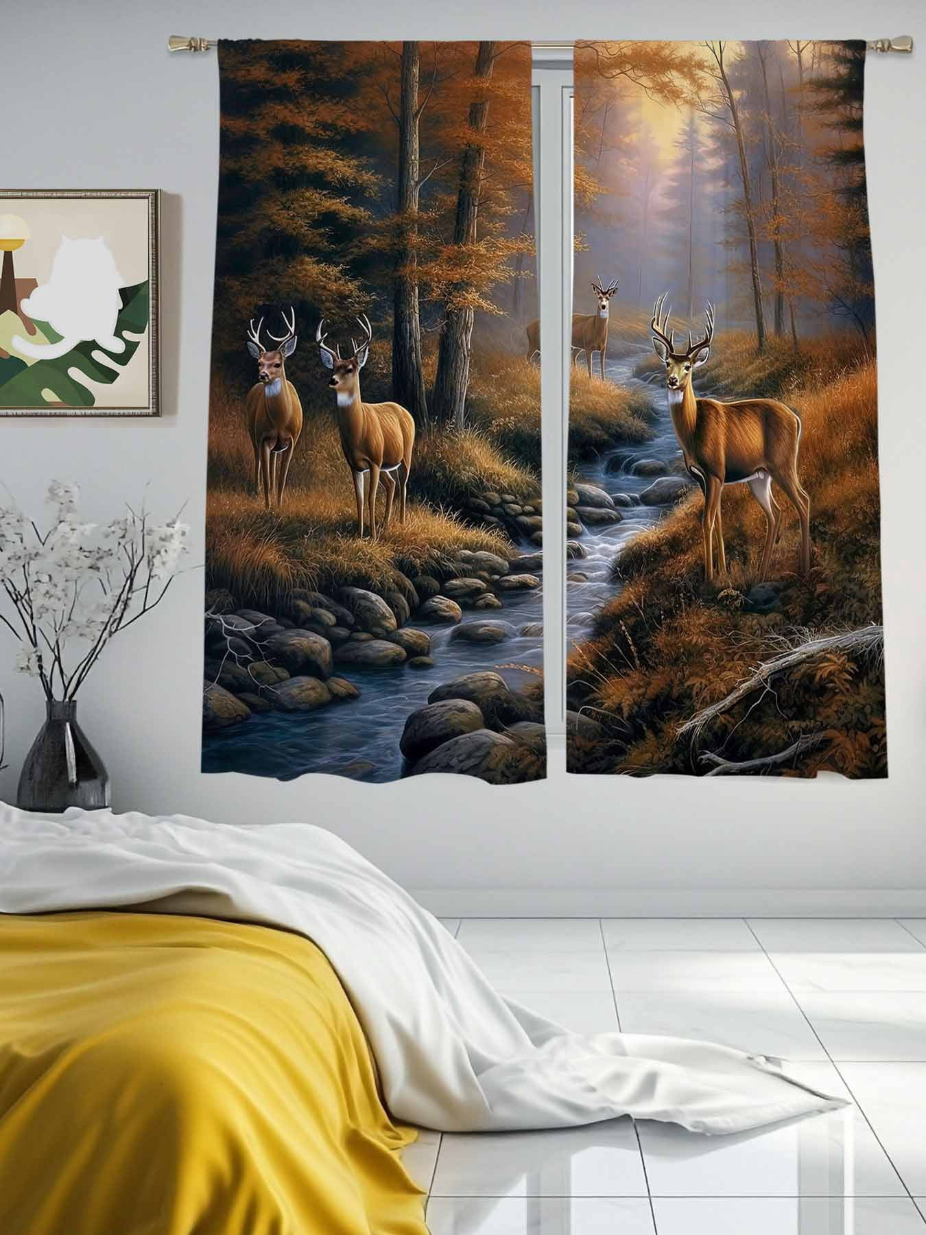 Deer in Sheer Curtains 72 inches Long 2 Panels Set Sunset Forest Tiers ...