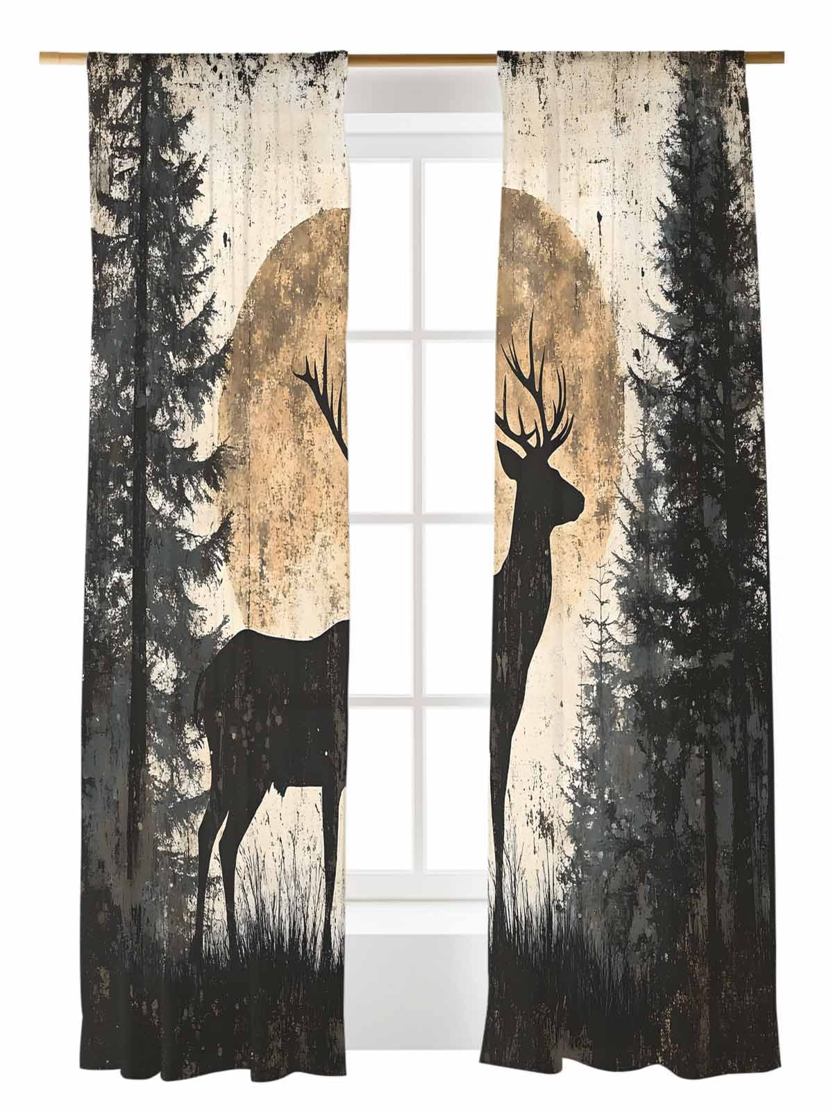 Deer Sheer Curtains 84 inches Long 2 Panels Set Elk Silhouette Forest ...