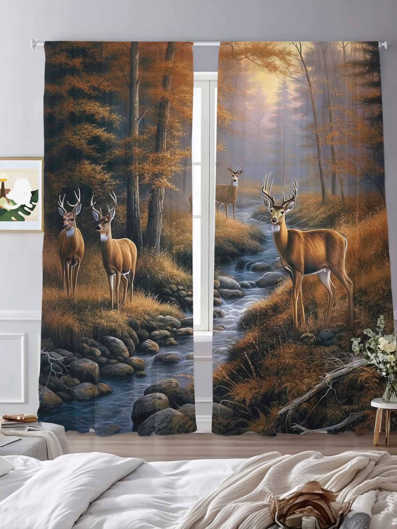 Deer in Sheer Curtains 84 inches Long 2 Panels Set Sunset Forest Tiers ...