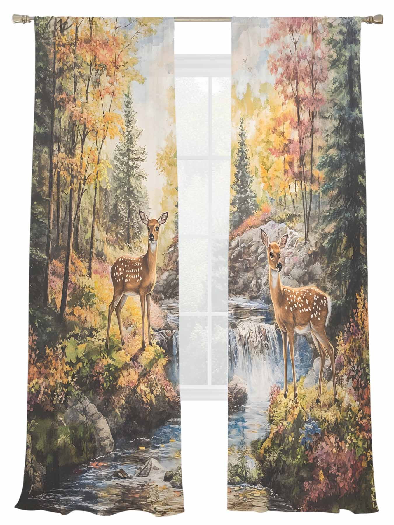 Deer Sheer Curtains 96 Inch Long 2 Panels, Forest River Landscape Light ...