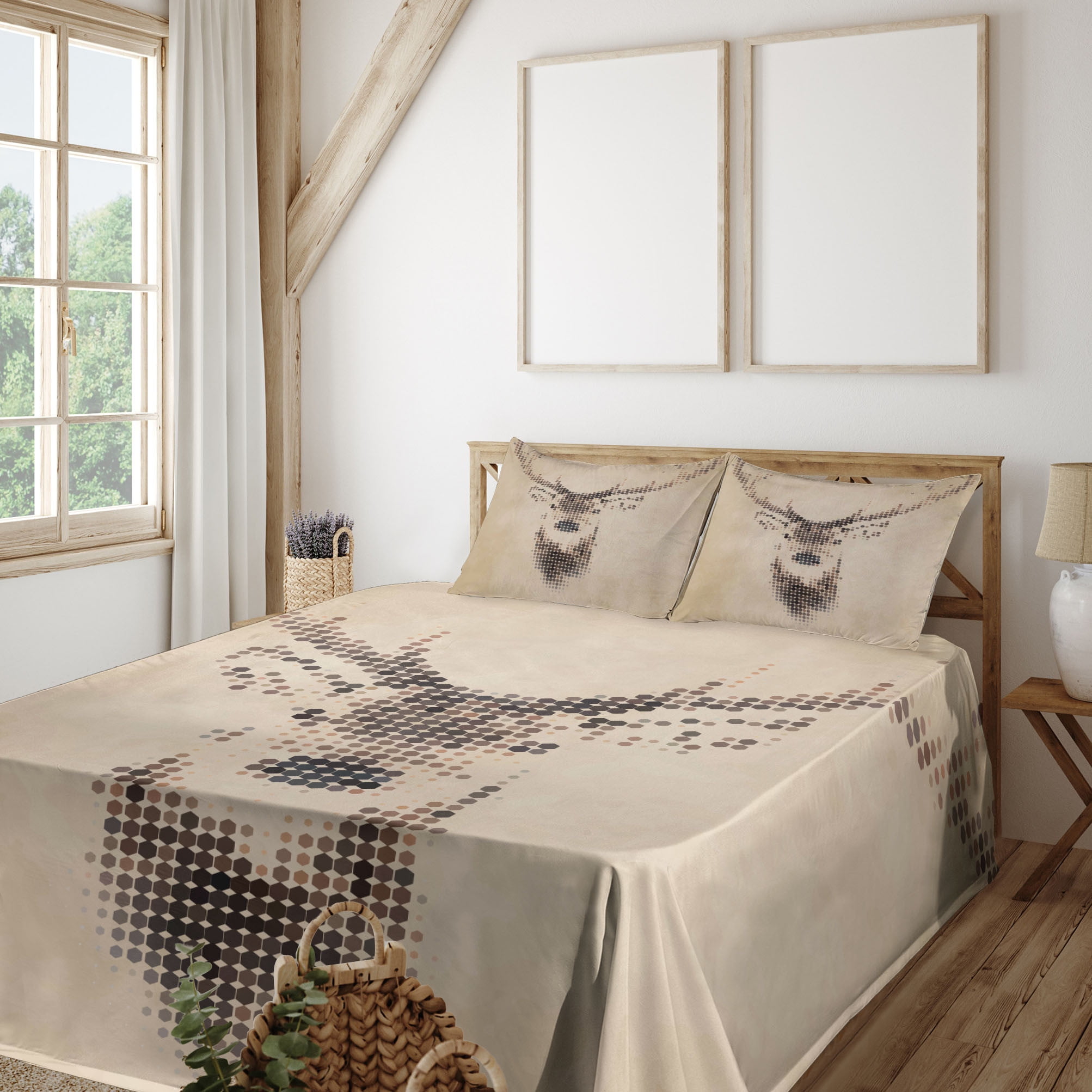 Ambesonne Retro Fitted & Top Sheet Set with Shams, Deer Portrait with ...