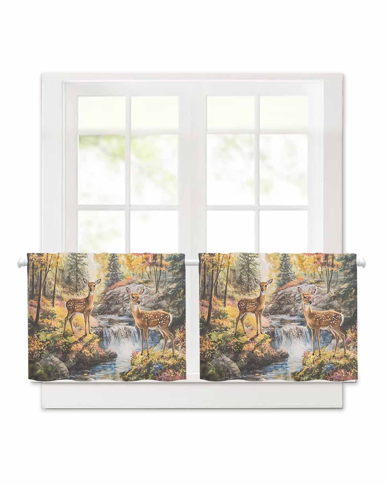 Deer Short Blackout Curtains 30 Inch Long Forest River Landscape Rod Pocket Kitchen Curtains, 2 ...