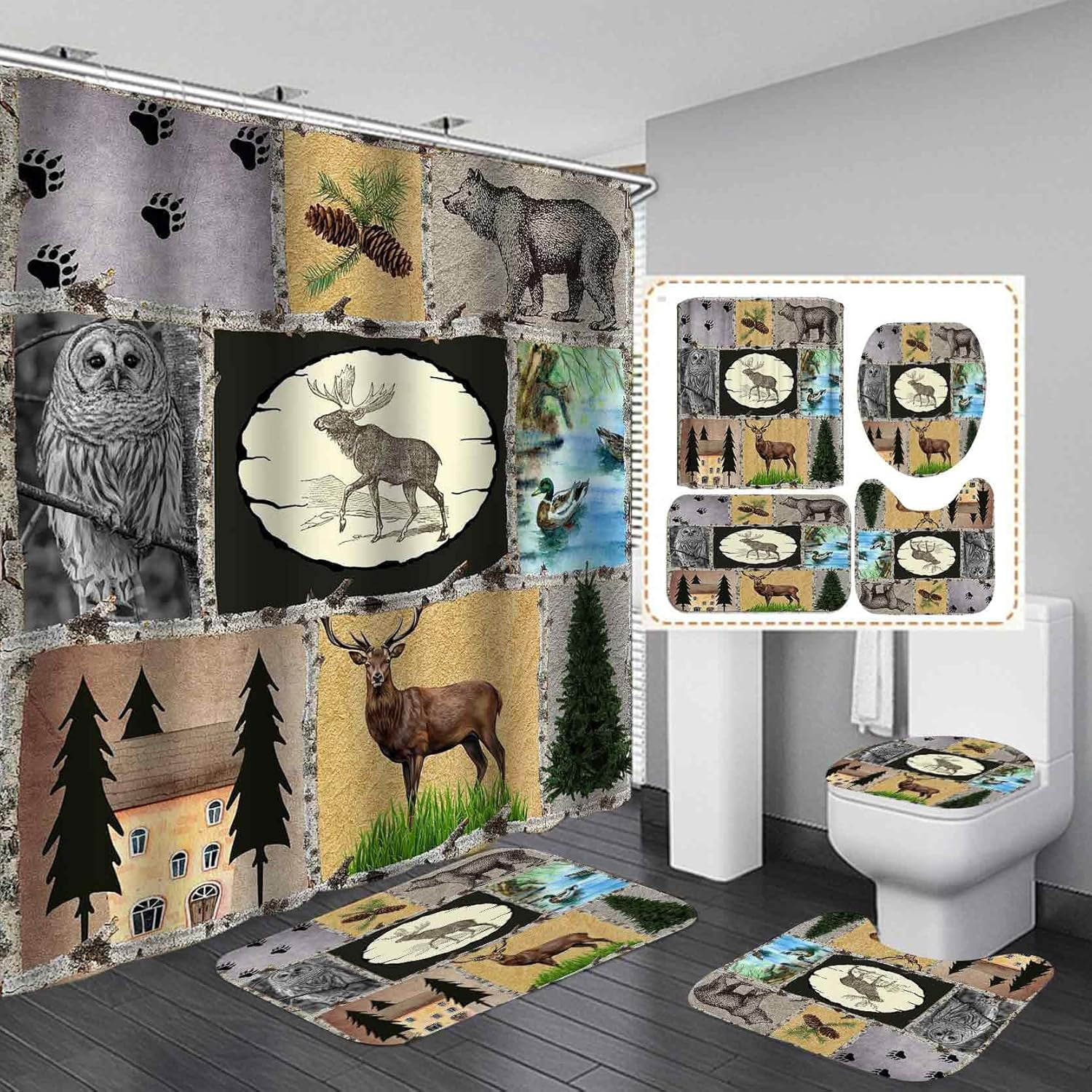 Deer Shower Curtain Set, Patriotic American Flag Camo Camouflage Forest ...