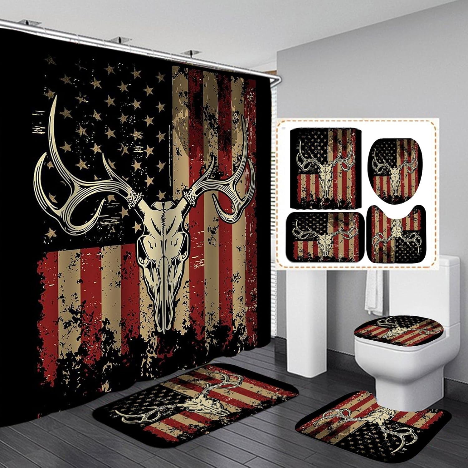 Deer Shower Curtain Set, Patriotic American Flag Camo Camouflage Forest ...