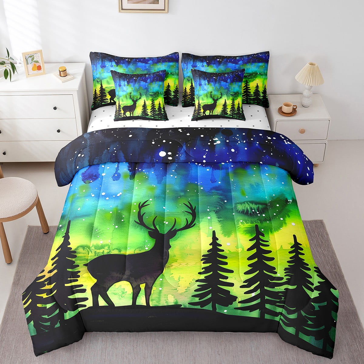 Deer Silhouette Bed in a Bag Queen Comforter Set 7 Piece,Moose Elk ...
