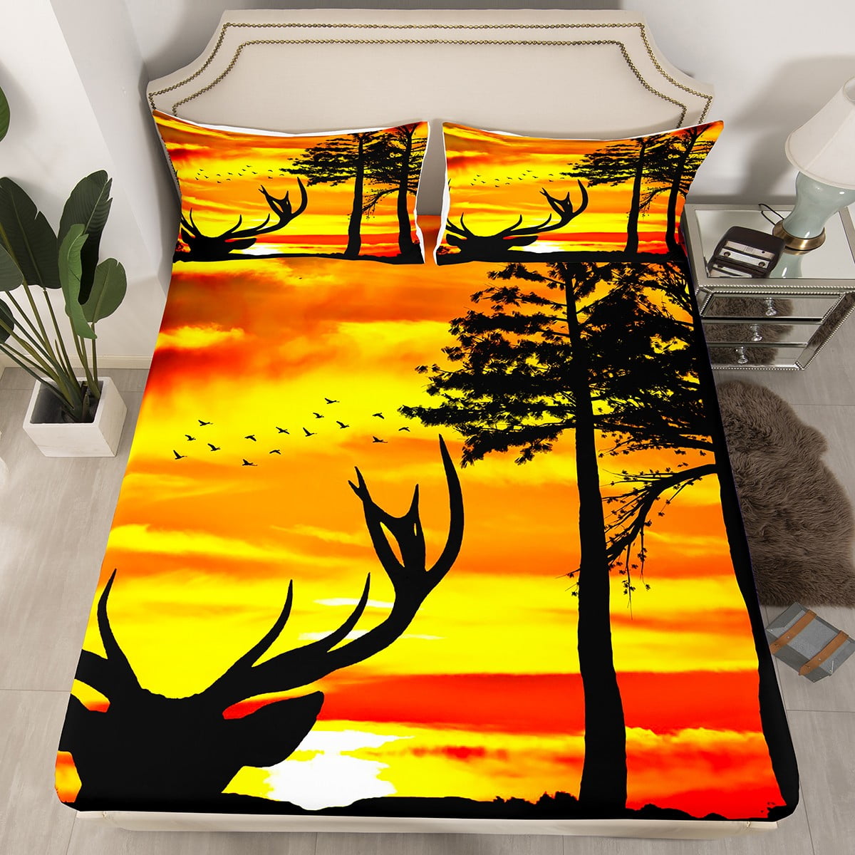 Deer Silhouette Bed Sheets Moose Elk Dark Shadows Bedding Set,Jungle ...