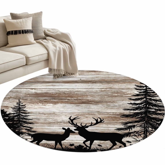 Deer Silhouette Round Rug 3.3Ft Vintage Deer Pine Tree Brown Wood Grain ...
