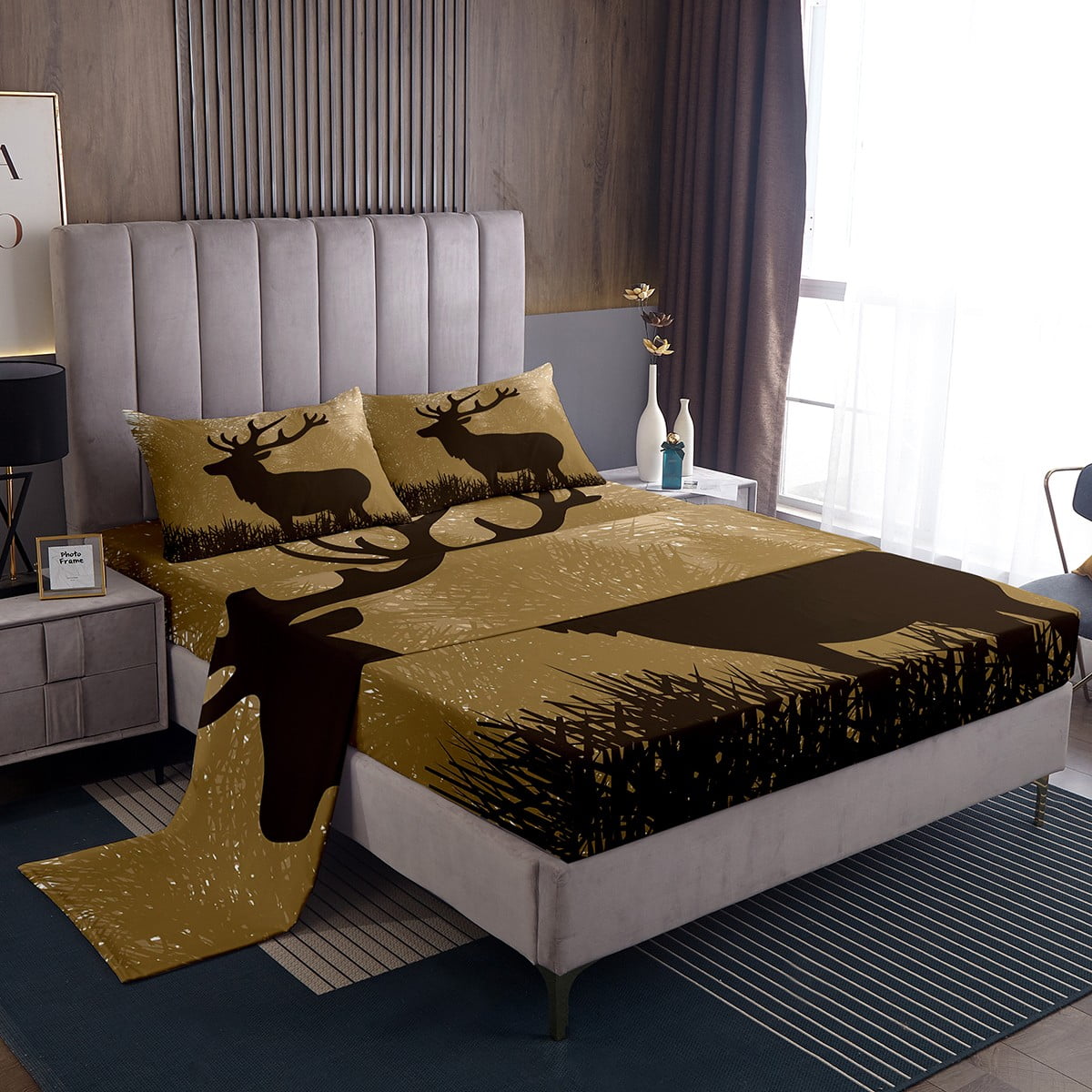 Deer Silhouette Sheet Set Moose Elk Dark Shadows Flat Fitted Sheet ...