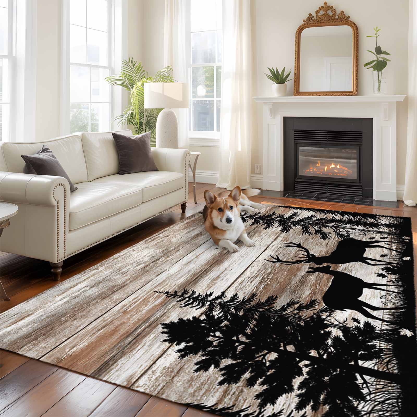 Deer Silhouette Washable Area Rug 5x8 Vintage Deer Pine Tree Brown Wood ...