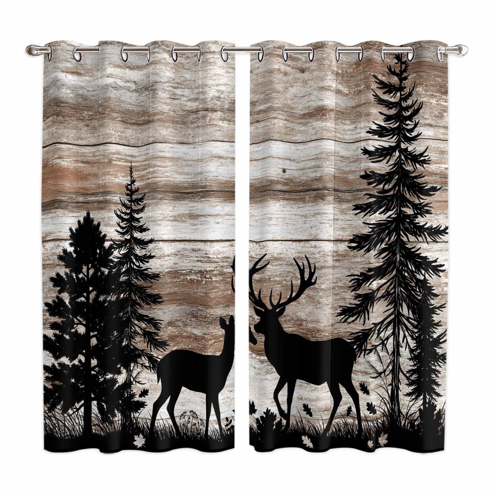 Deer Silhouettes Kitchen Curtains Window Panels, Trees Wooden Retro Art ...