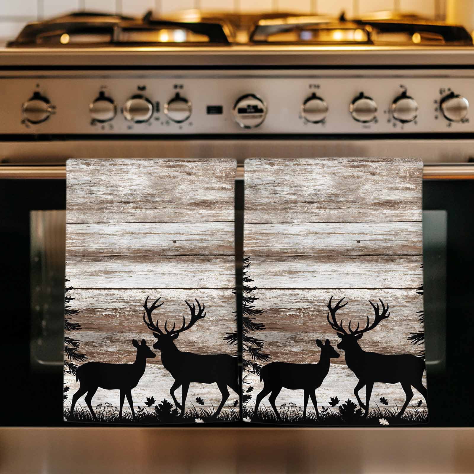 Deer Silhouettes Kitchen Towels Set of 1, Trees Wooden Retro Art ...