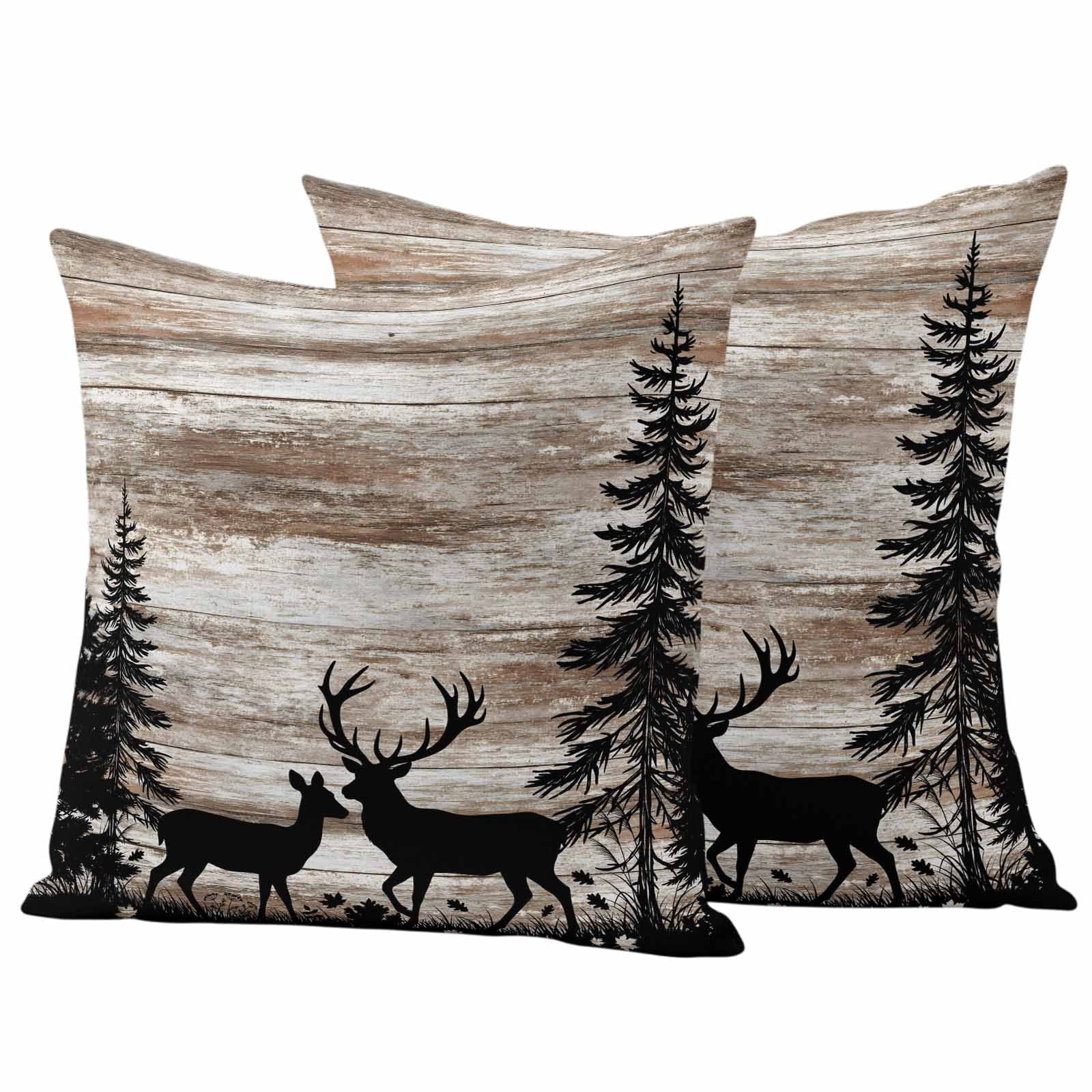 Deer Silhouettes Outdoor Waterproof Pillow Covers, Trees Wooden Retro ...
