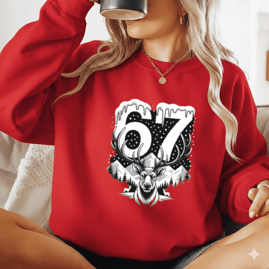 Deer Sixty Seven Meme Snowy Antler Holiday Winter Fun Sweatshirt, up to size 5XL - Walmart.com
