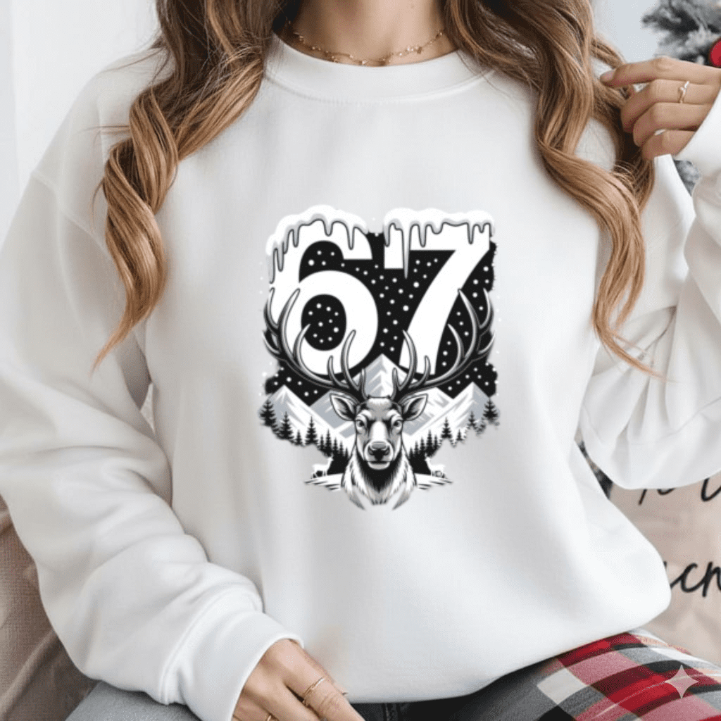 Deer Sixty Seven Meme Snowy Antler Holiday Winter Fun Sweatshirt, up to size 5XL - Walmart.com