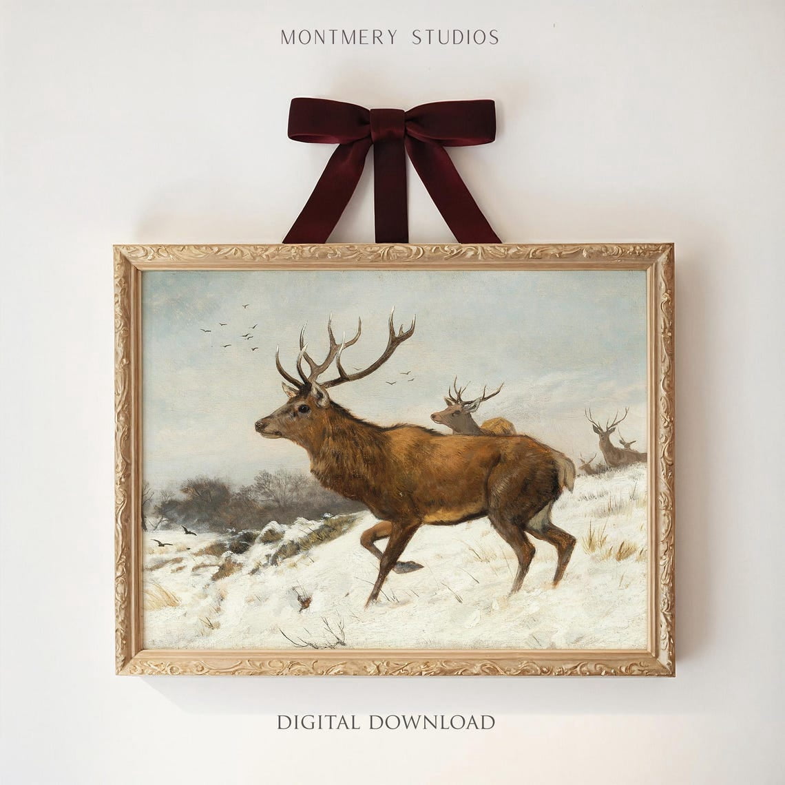 Deer in Snow Art Print Poster, Snowy Landscape Print Poster, , Stag ...