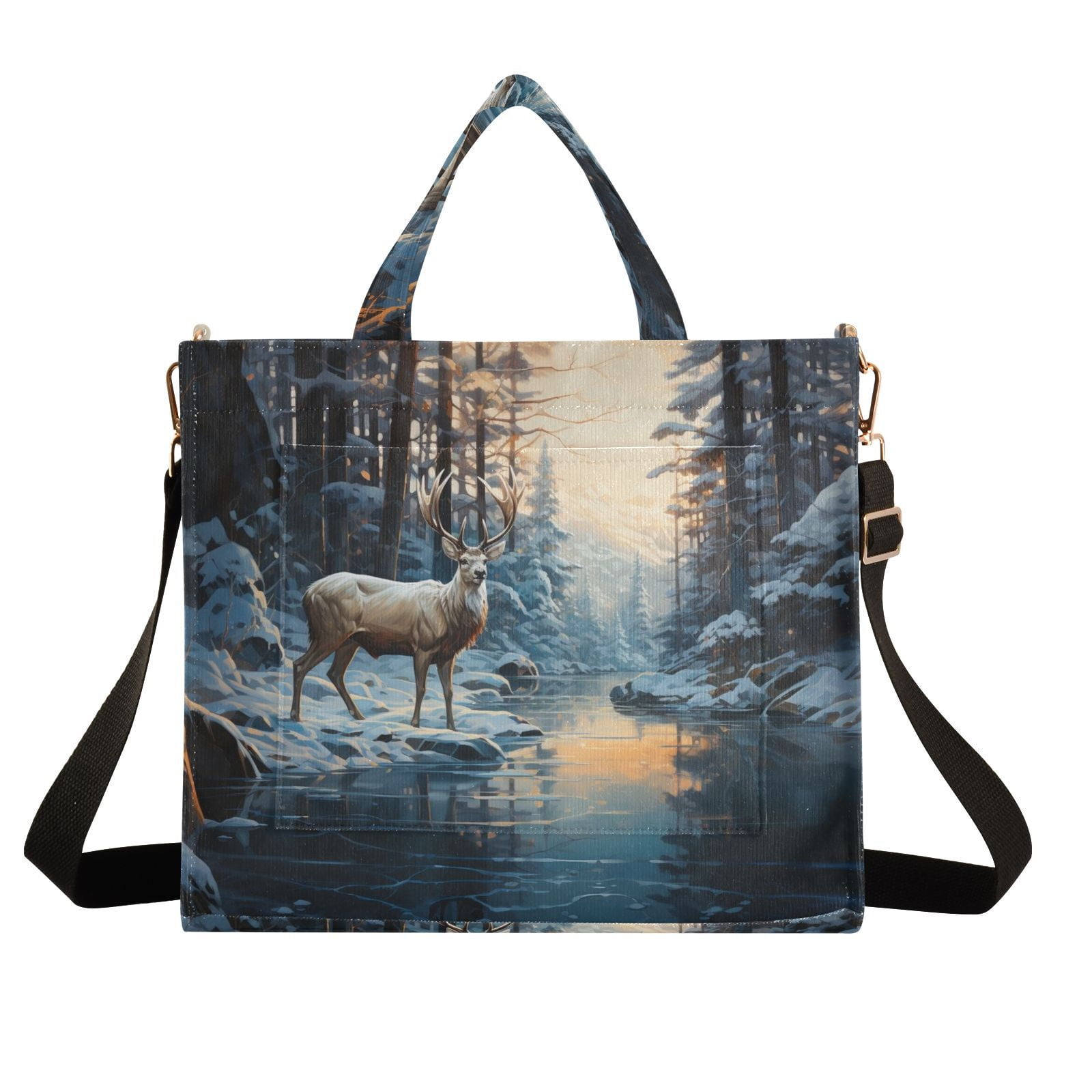 Deer Snow Forest Trees Lake Corduroy Tote Bag Handbag Large Messenger ...