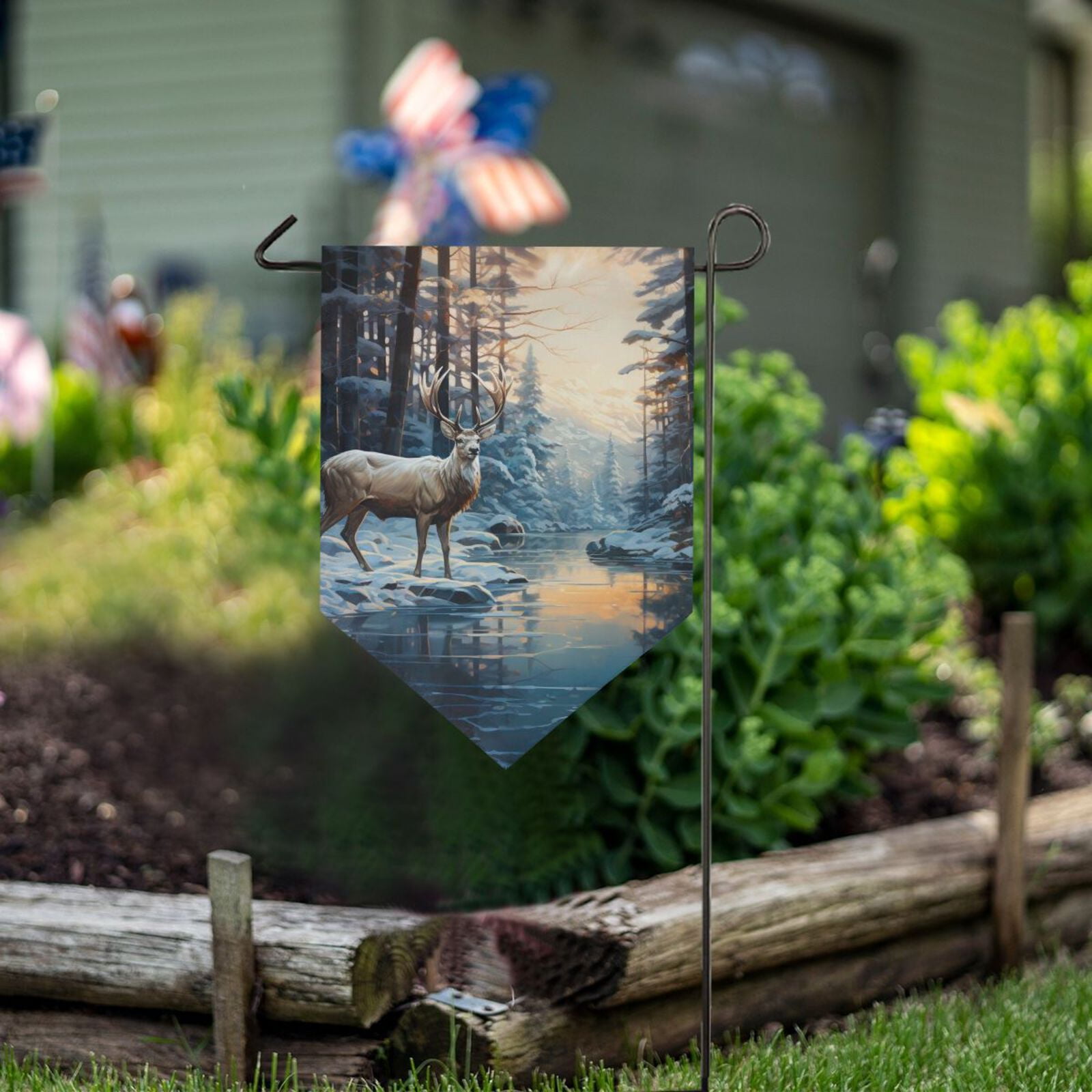 Deer Snow Forest Trees Lake Garden Flag 18" x 12.5" Double Sided Yard ...