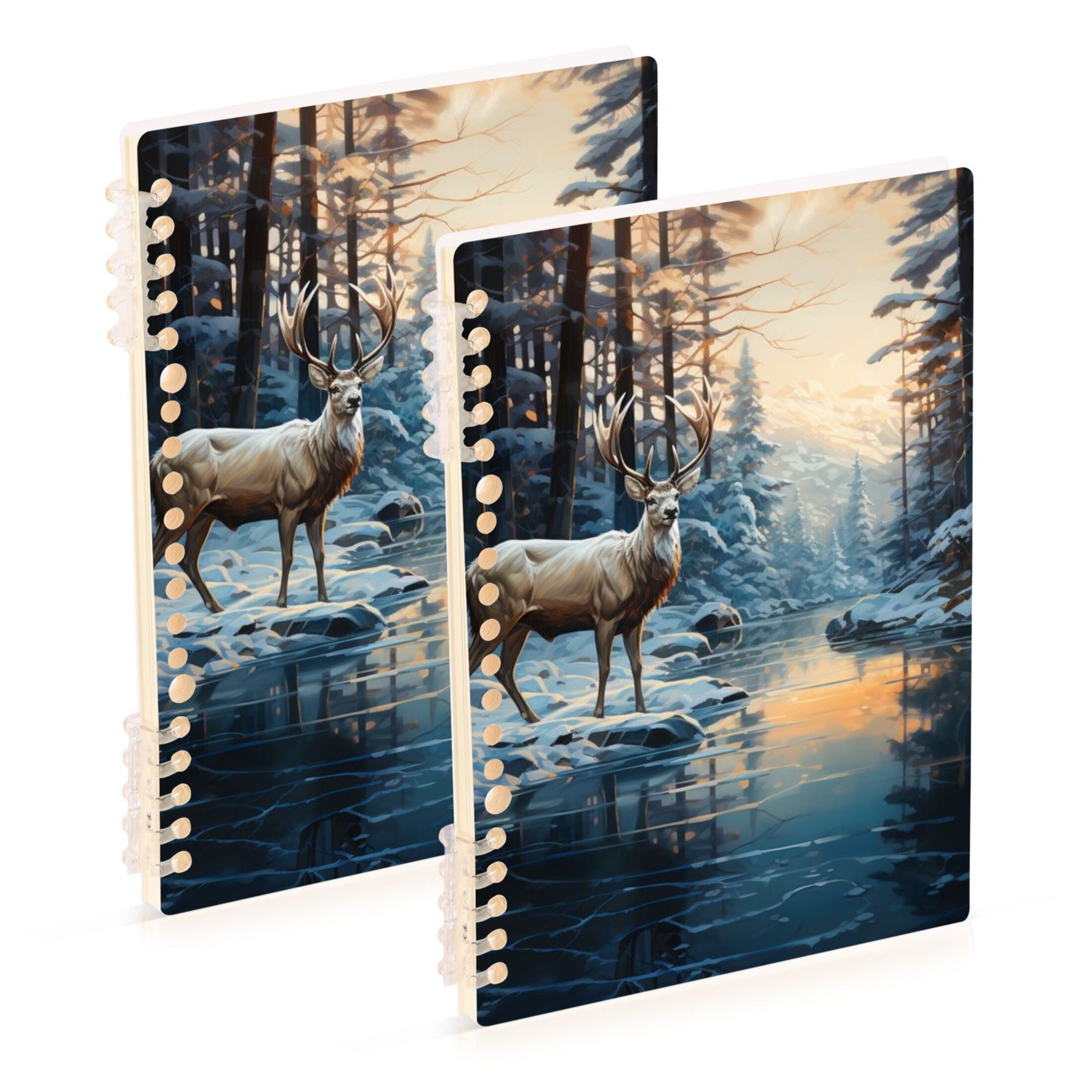 Deer Snow Forest Trees Lake Ring Binder Notebook Journey Note Diary College Ruled Spiral ...