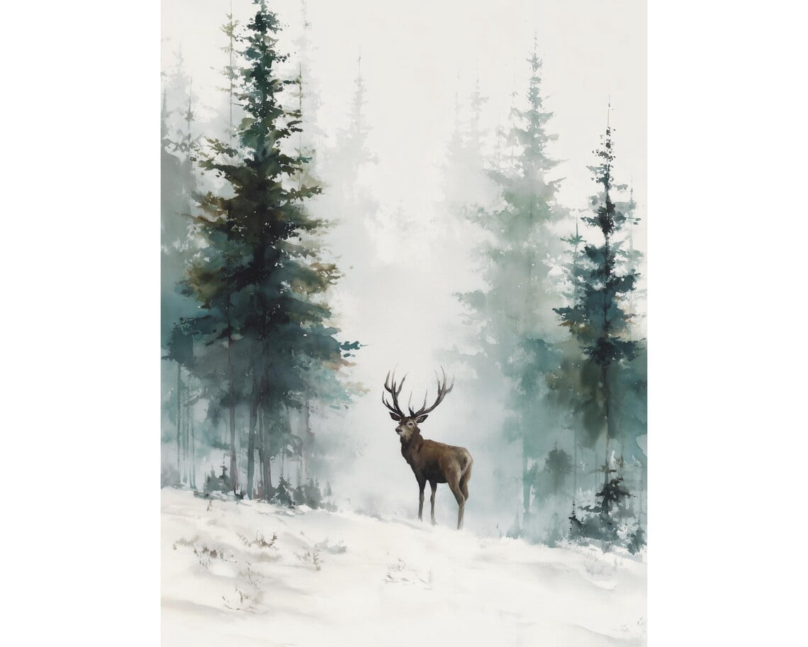 Deer Snowy Pine Forest Rustic Lodge Poster Unframed Paper Print ...
