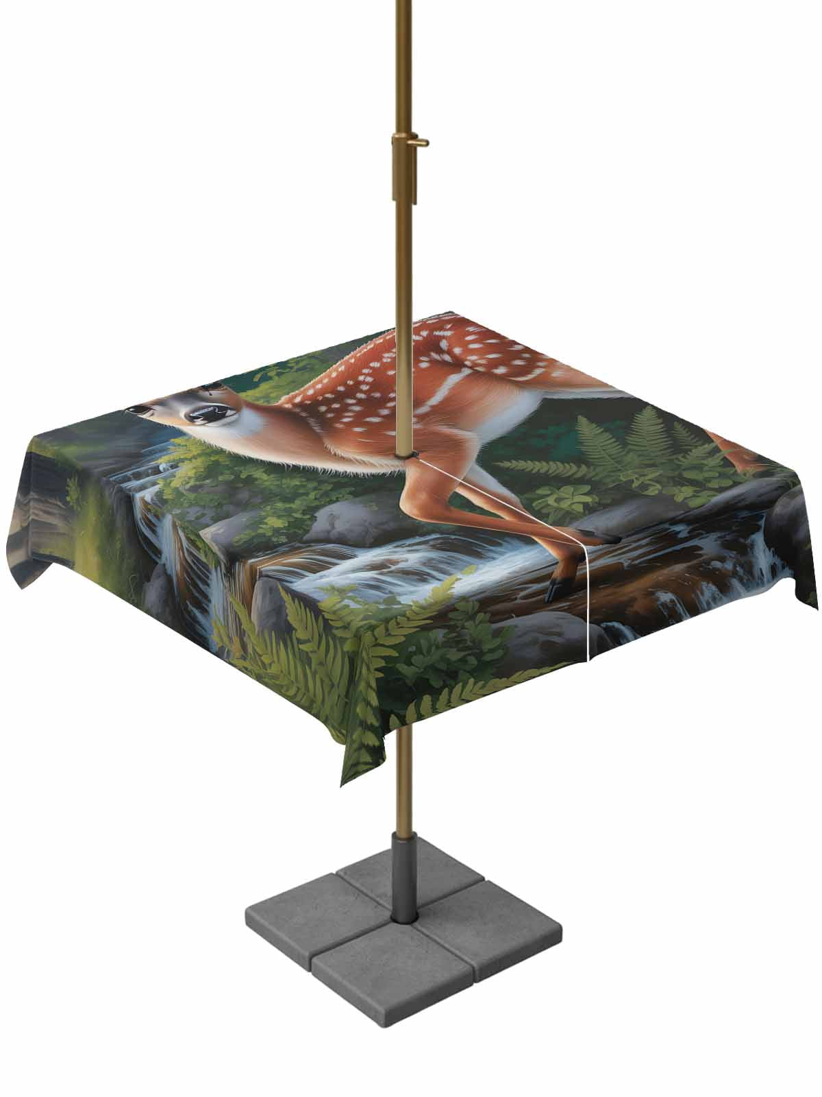 Deer Square Outdoor Tablecloth with Umbrella Hole Forest Leaves River ...