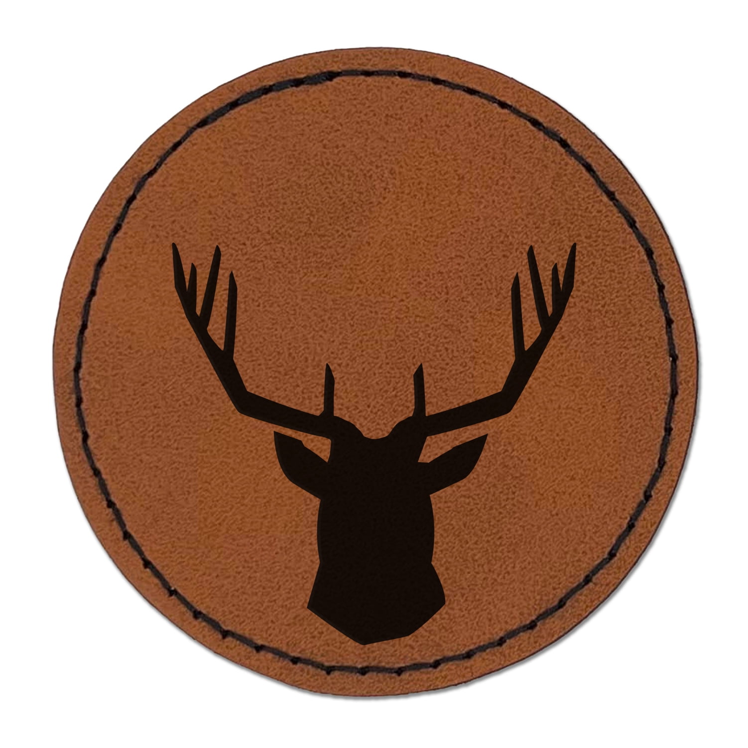 Deer Stag Head Solid 2.5" Faux Leather Round Engraved Iron-On Patch ...