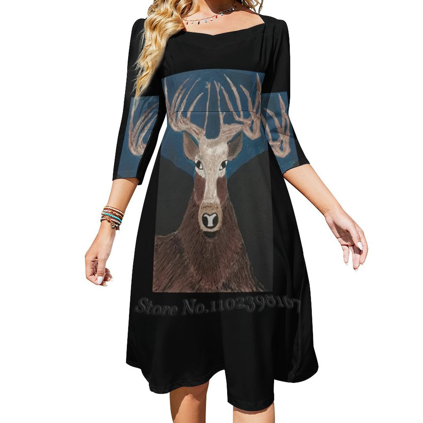 Deer Stag Square Neck Dress New Plus Size Elegant Women Waist Tight ...