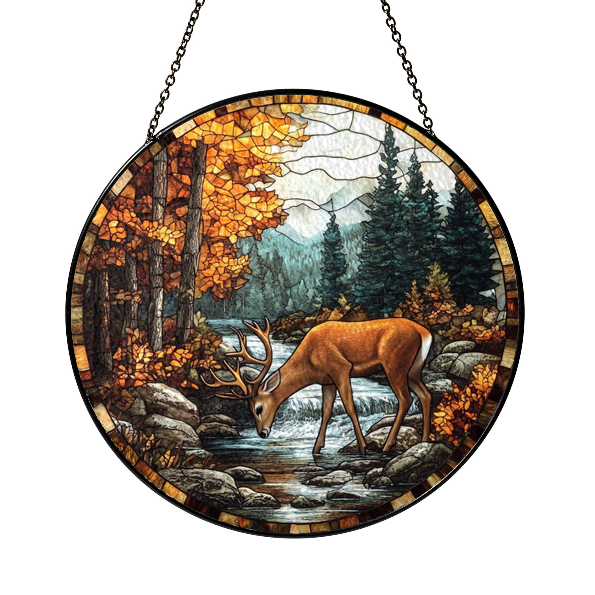 Deer Stained Glass Style Suncatcher, Fantasy Forest Nature Scene Window ...
