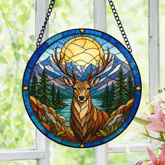 Deer Stained Glass Suncatcher, Mountain Forest Window Hanging, Wildlife ...
