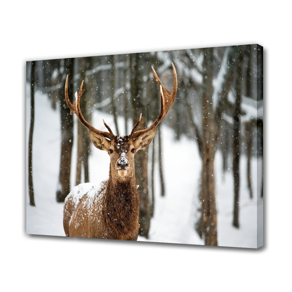 Deer Stand On Snowfield Trees Snow Wall Art Painting Canvas Poster ...