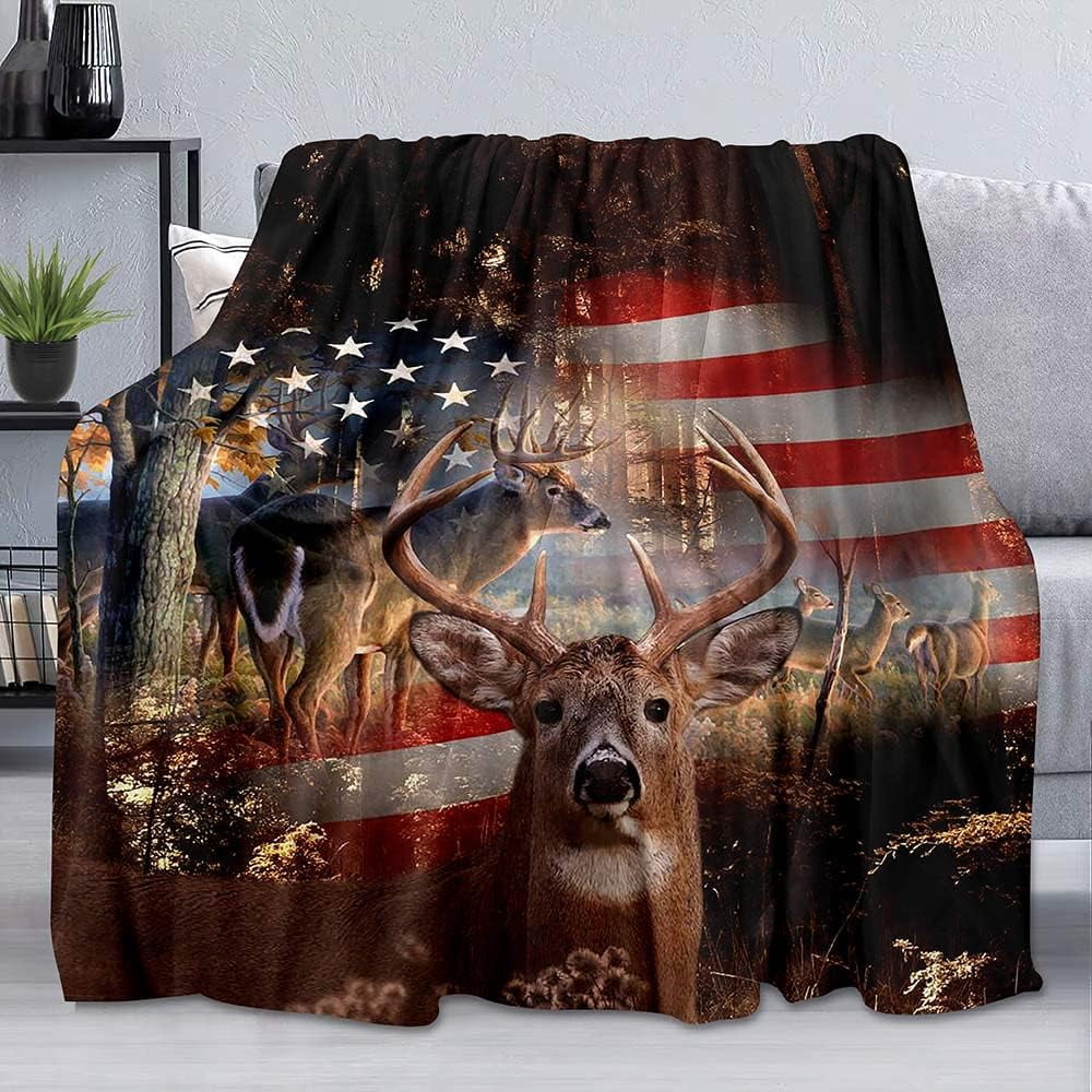 Deer Throw Blanket, American Flag Moose Forest Woodland Animals Lodge ...