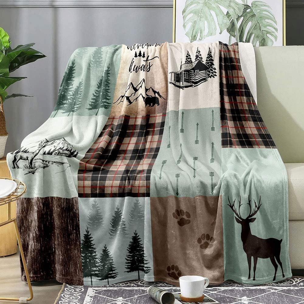 Deer Throw Blanket, Bear Elk Moose Hunting Cabin Lodge Rustic Farmhouse ...