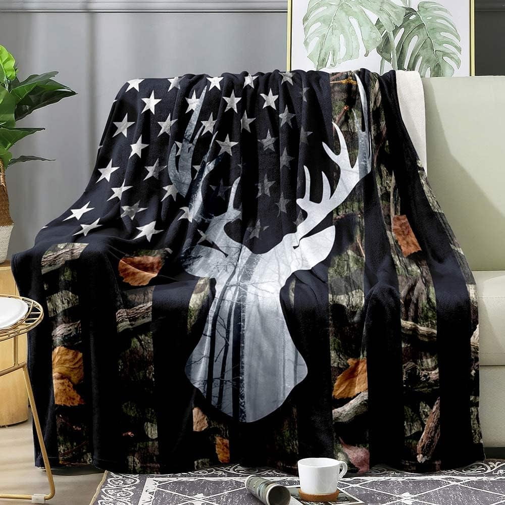 Deer Throw Blanket, Black American Flag Woodland Animals Moose Hunting ...