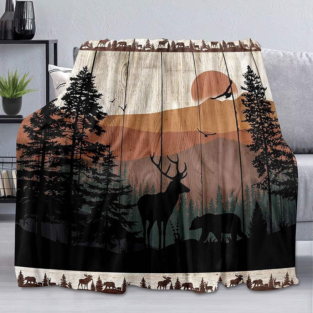 Deer Throw Blanket, Black Bear Elk Moose Pine Tree Woodland Animals ...