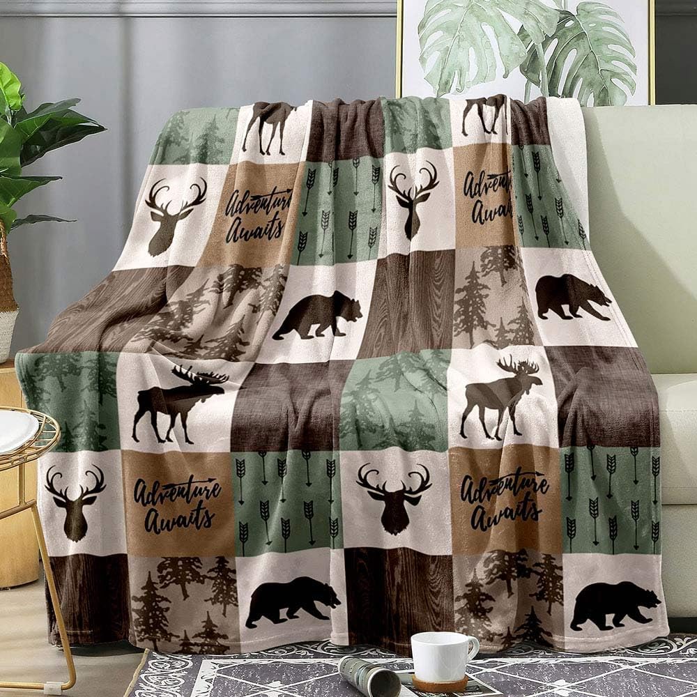 Deer Throw Blanket, Patchwork Black Bear Elk Moose Woodland Animals ...