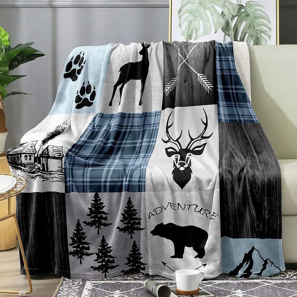 Deer Throw Blanket, Patchwork Blue Plaid Black Bear Elk Moose Woodland ...