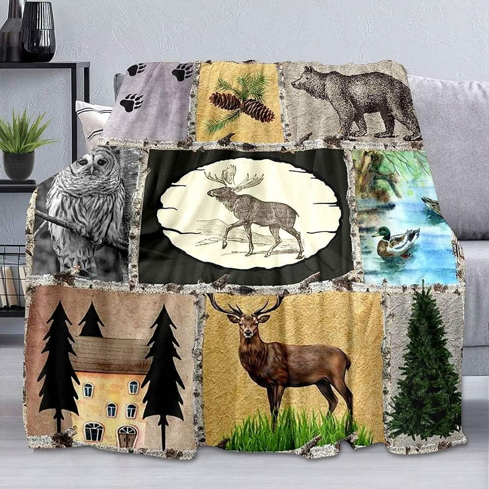 Deer Throw Blanket, Woodland Animals Hunting Lodge Cabin Patchwork ...