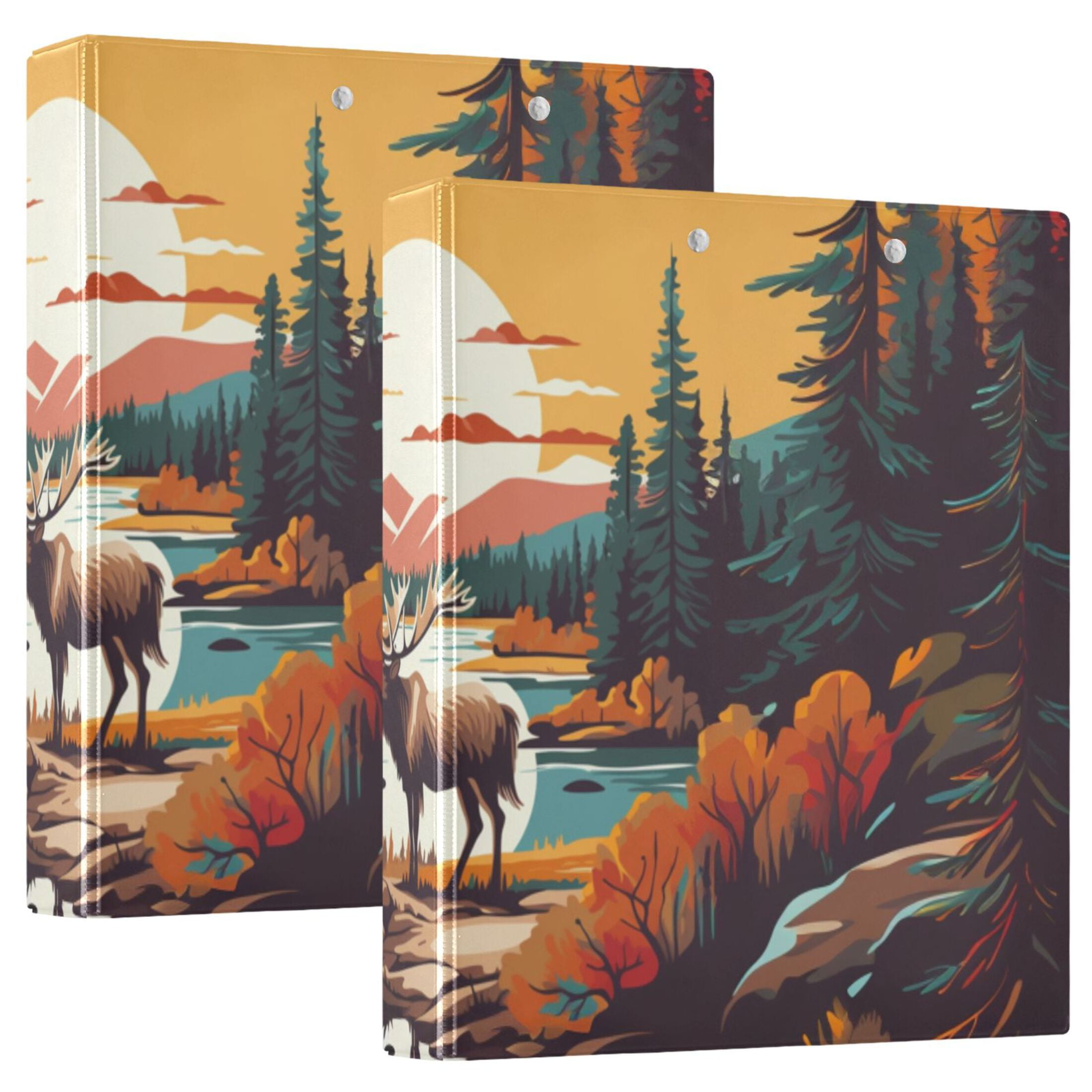 Deer Trees Forest Sun Lake 3 Ring Binders 1.5 inch Hardcover File Folders with Interior Pockets ...