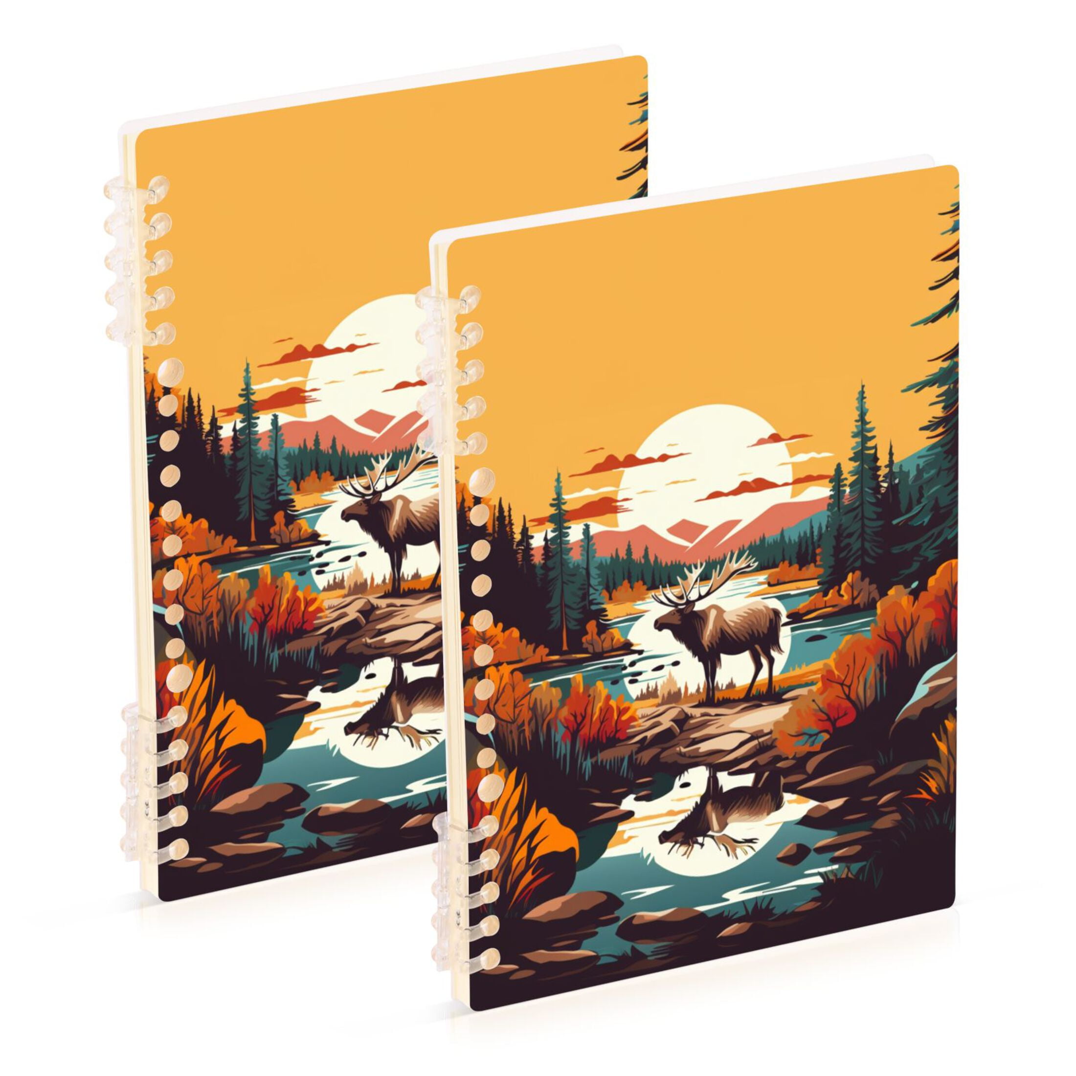 Deer Trees Forest Sun Lake Ring Binder Notebook Journey Note Diary College Ruled Spiral Notebook ...